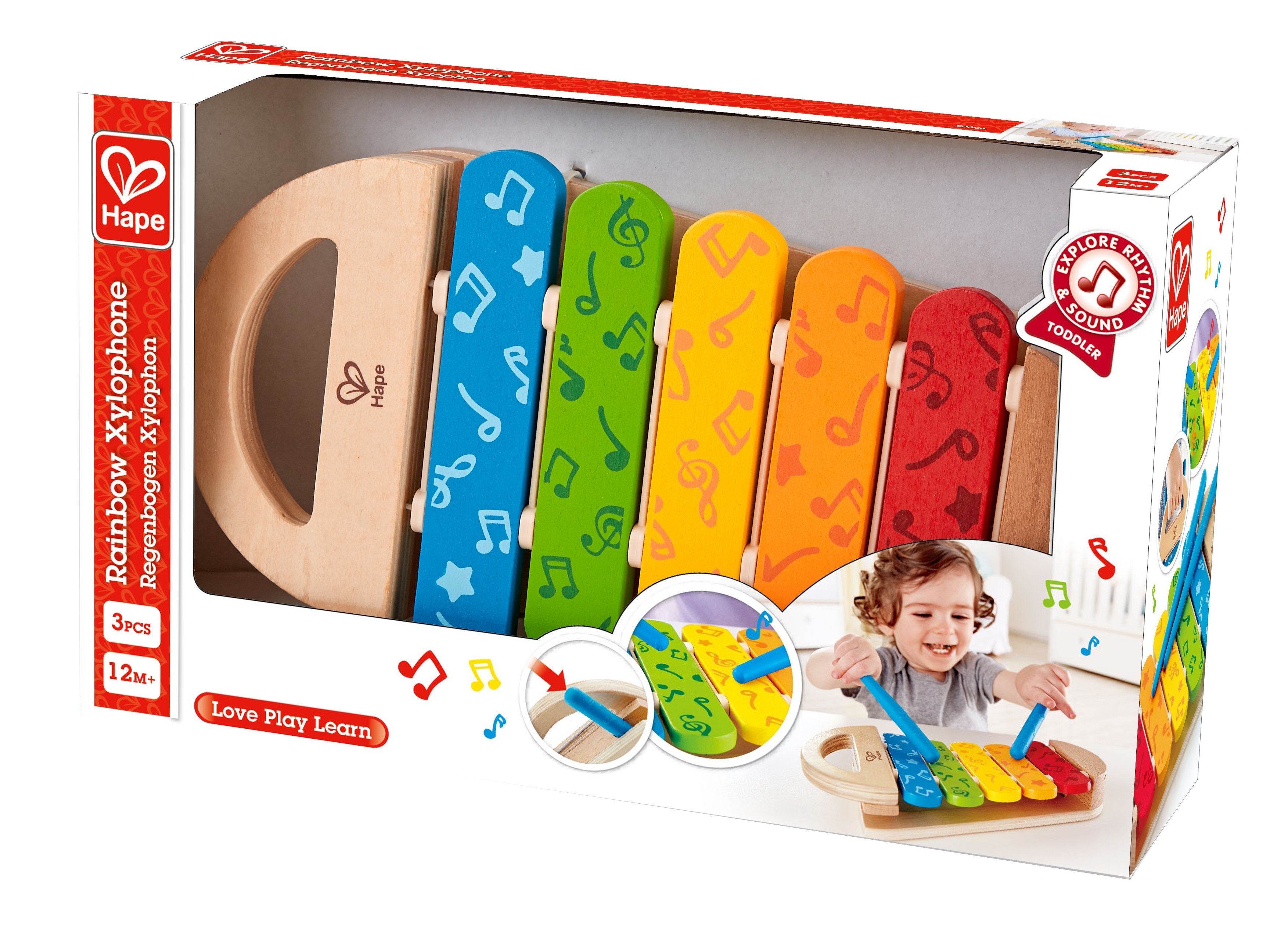 Hape Rainbow Xylophone| Wooden Rainbow-Colored Xylophone with Non-Slip Sticks and Musical Note ...
